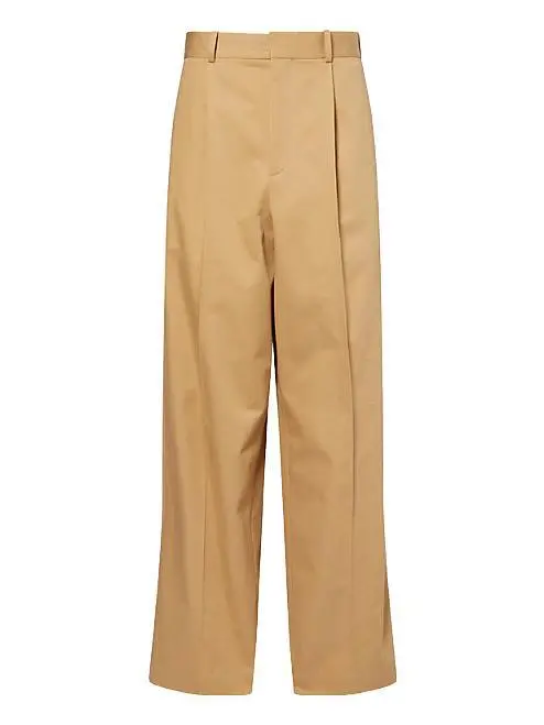 Loewe Pleated Wide-leg Cotton-twill Trousers - Almond