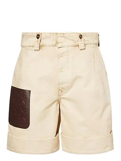 Loewe Leather Logo-patch Cotton Shorts - Beige