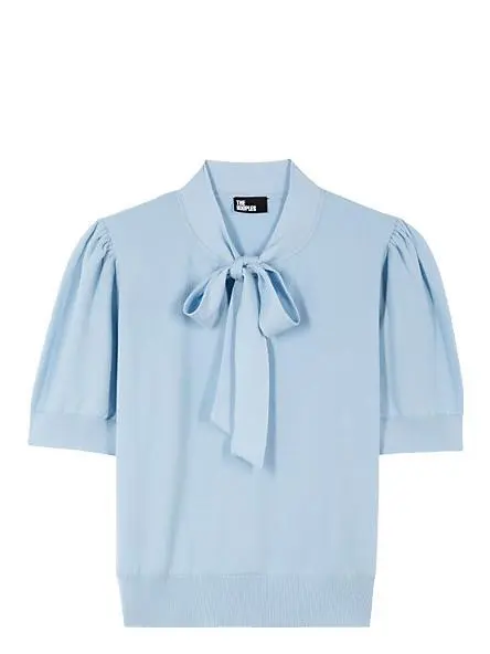 The Kooples Tie-neck Cotton-blend Jumper - Light Blue