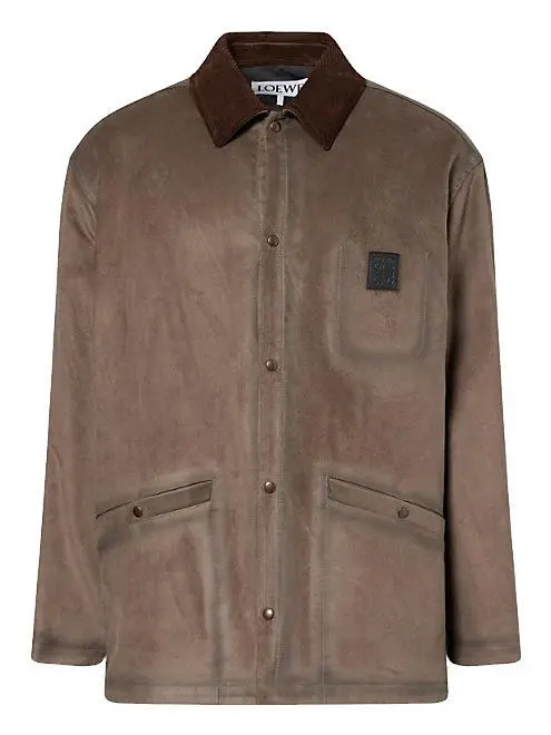 Loewe Collared Brand-patch Faux-suede Overshirt - Khaki Brown