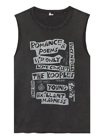 The Kooples Sleeveless Graphic-print Cotton T-shirt - Black Washed
