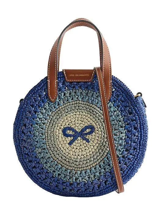 ANYA HINDMARCH Small Round Raffia Tote Bag With Bow Detail - Monday Blue