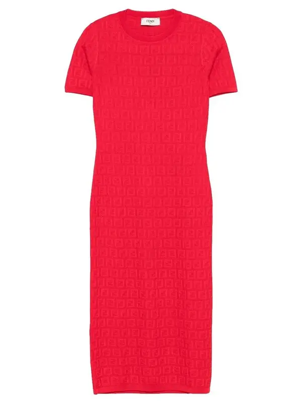 Fendi Fitted Ff Motif Knit Midi Dress - Red