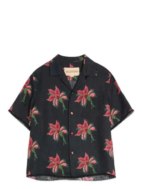 Valentino Garavani Linen Bowling Shirt With Paper Floral Pri - Black