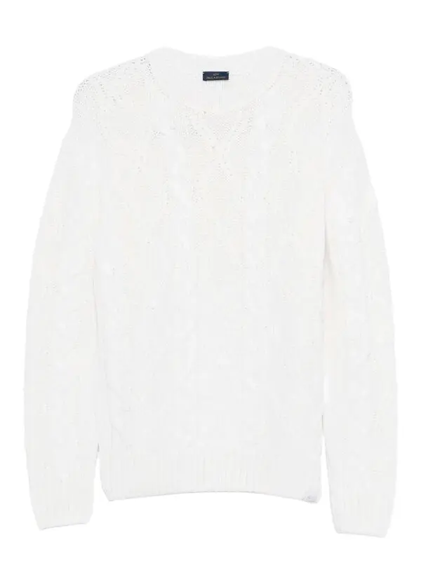 Paul & Shark Crew Neck Cable Knit Wool Sweater - White