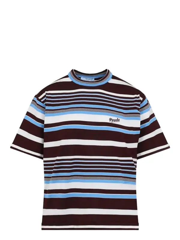 Prada Striped Cotton T-shirt With Intarsia Logo - Brown