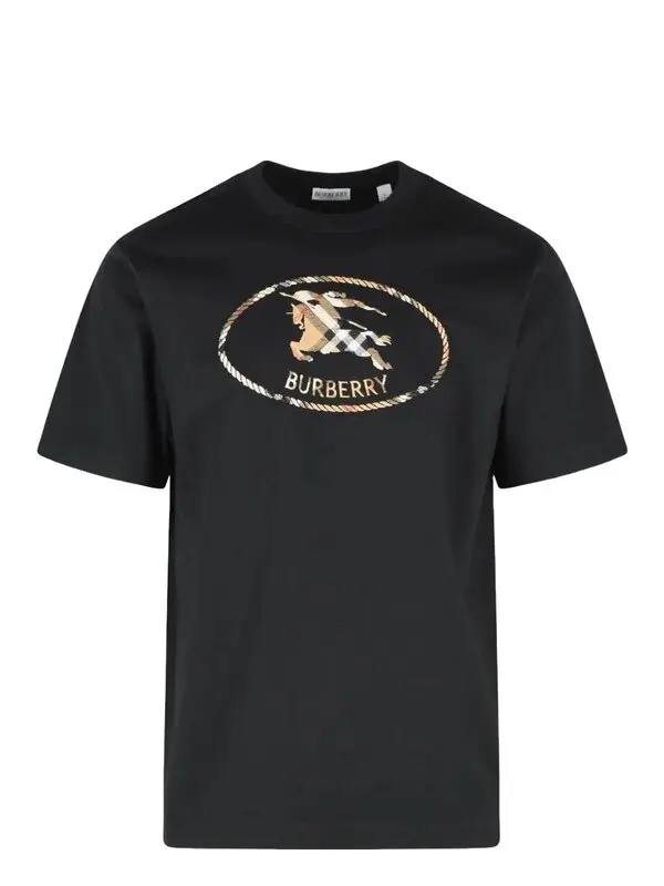 Burberry Check Cotton T-shirt With Knight Stamp - Black