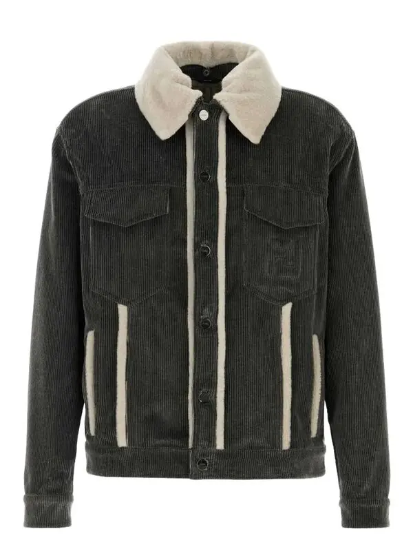 Fendi Corduroy Blouson With Lamb Leather Trim - Grey