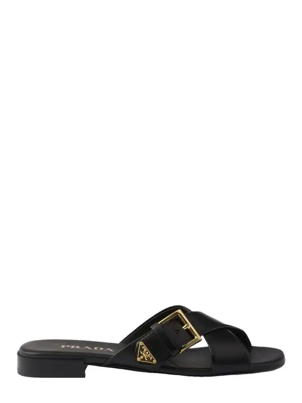 Prada Leather Slider Sandals With Buckle - Black
