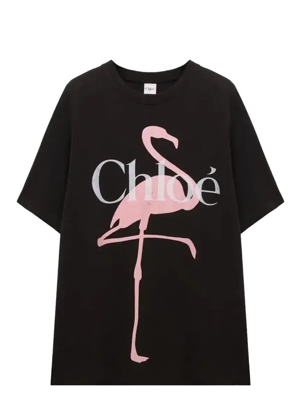 Chloé Wide T-shirt With Flamingo Print - Black