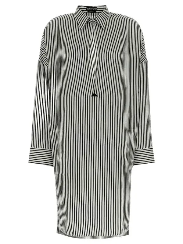 TOM FORD Striped Silk Midi Shirt Dress - Black
