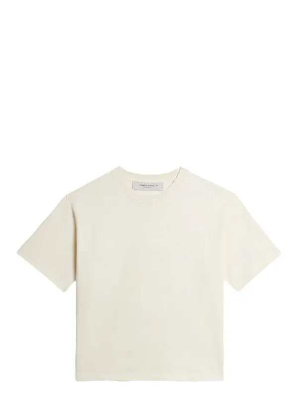 GOLDEN GOOSE Worn Effect Cotton T-shirt With Reverse Logo On The Back - Nude & Neutrals
