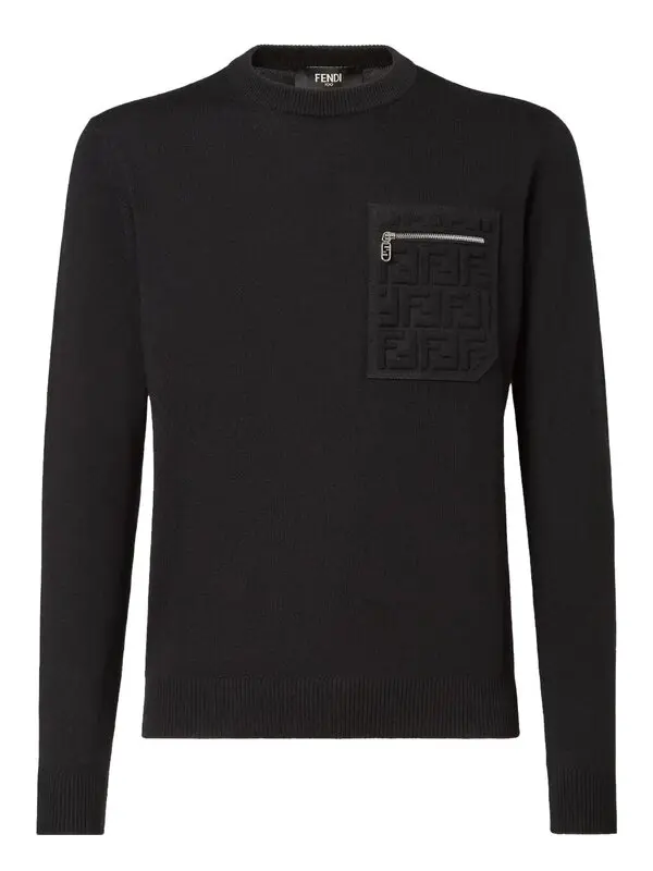 Fendi Crew Neck Wool Sweater With Pocket - Black