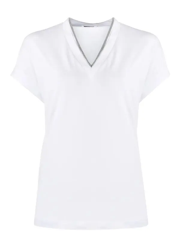 Brunello Cucinelli Cotton T-shirt With V-neck And Jewel Finishes - White