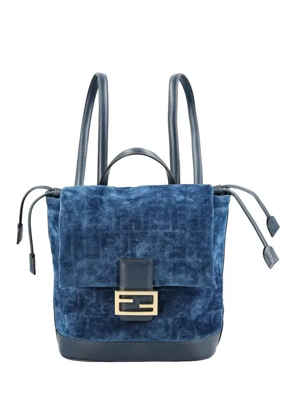 Fendi Ff Flocked Denim Backpack With Leather Details - Blue