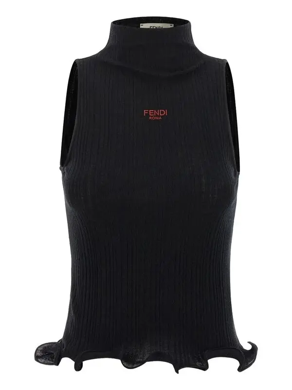 Fendi Fitted Wool Top With High Neck - Black