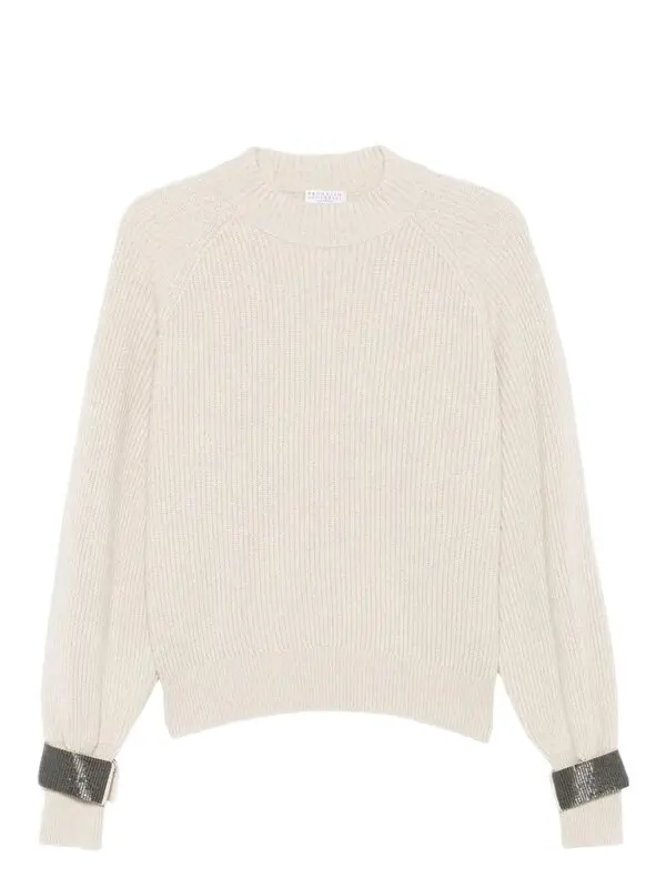 Brunello Cucinelli Ribbed Jewel Cuffs Sweater - Nude & Neutrals