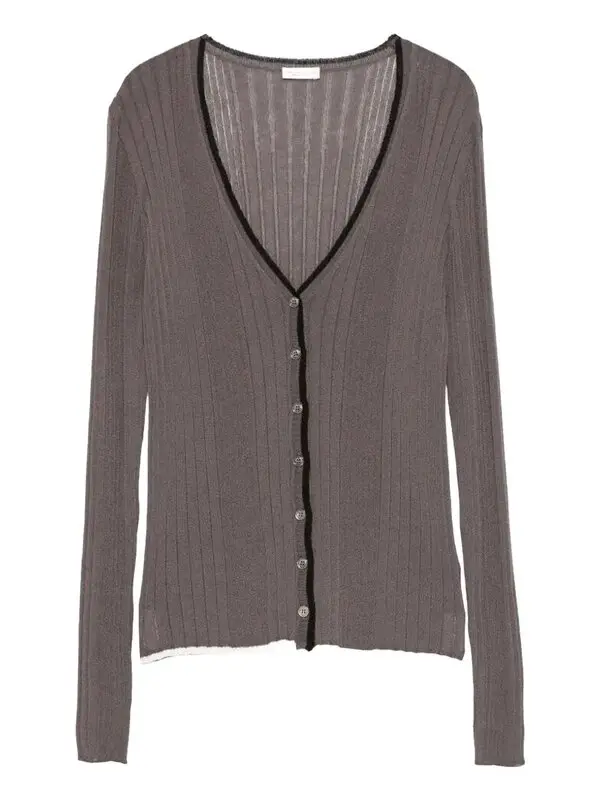 ROBERTO COLLINA Ribbed V-neck Cardigan With Contrast Hem - Brown