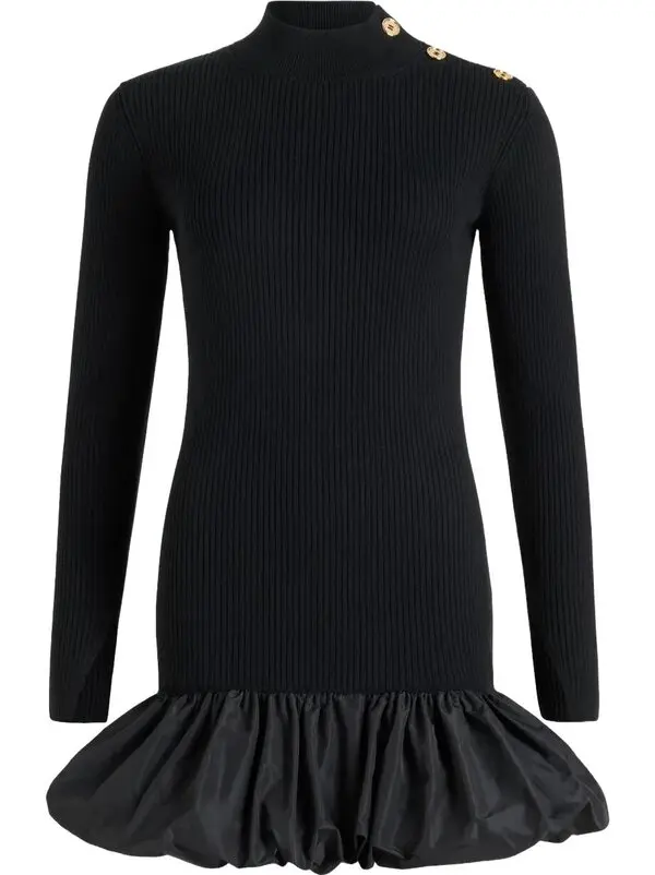 PATOU Mini Ribbed Wool Dress With Faille Ruffles - Black