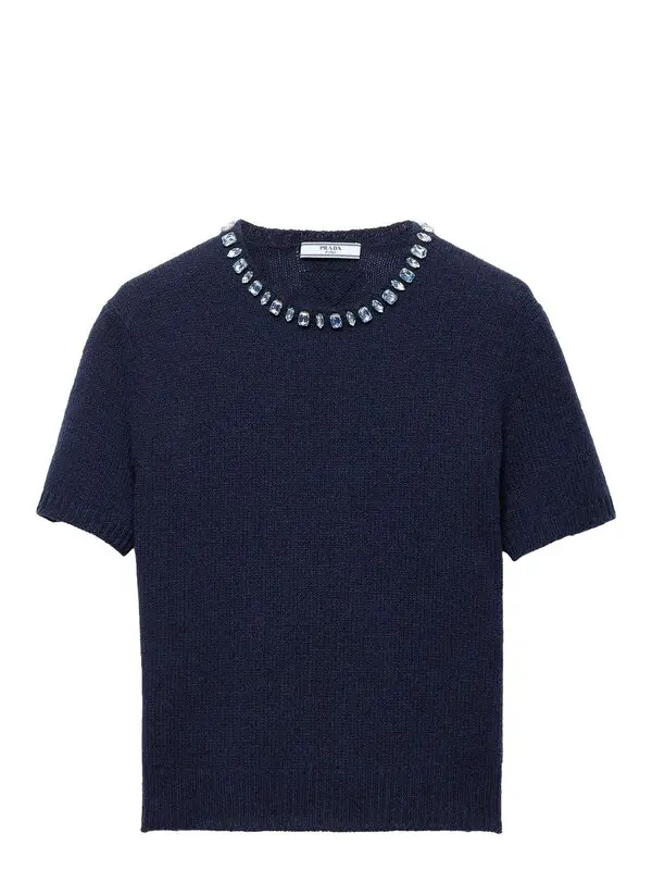 Prada Crew Neck Wool And Cashmere Sweater With Jewel Embellishments - Blue