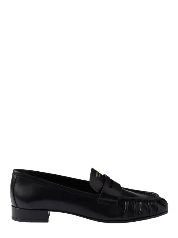 Prada Leather Penny Loafers With Ruffle Detail - Black