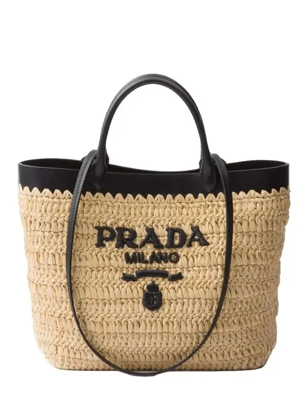 Prada Small Crochet And Leather Tote - Nude & Neutrals