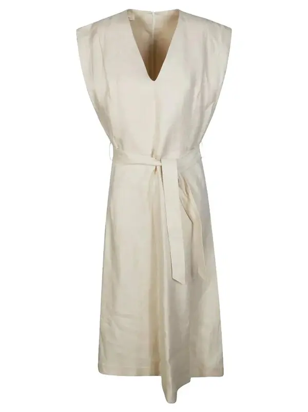 Incotex Lia Midi Dress With V-neck And Belt - Nude & Neutrals