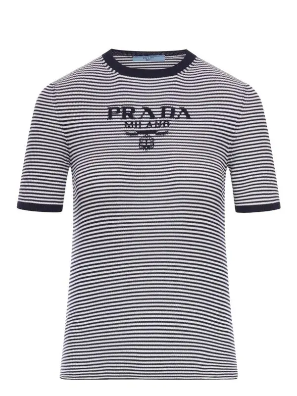 Prada Striped Silk Crew Neck Sweater - Blue