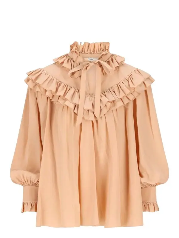 Chloé Oversized Ruffle-trimmed Crêpe De Chine Top - Nude & Neutrals