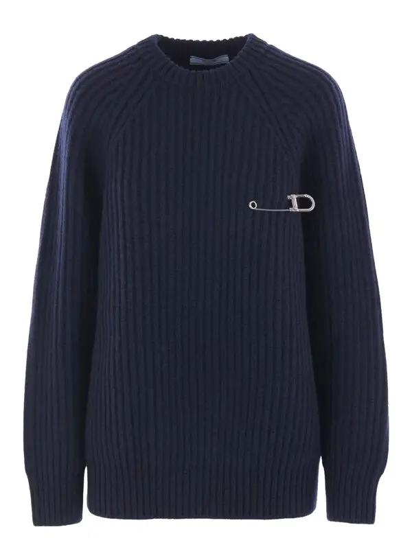 Prada Ribbed Wool Sweater With Pin - Blue