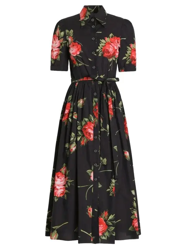 Dolce & Gabbana Shirt Dress In Poplin Bouquet Rose Print - Black