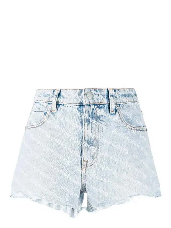 Alexander Wang All-over Logo Printed Denim Shorts - Blue