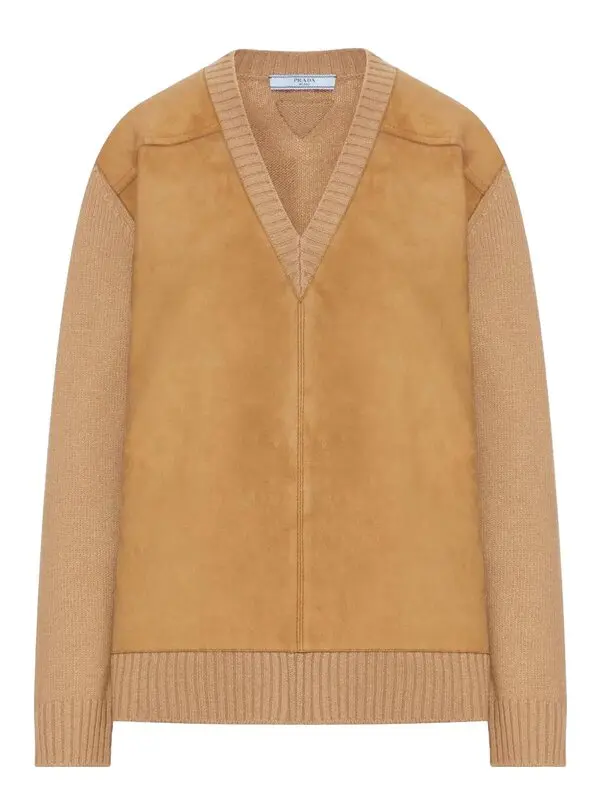 Prada V-neck Sweater With Suede Inserts - Nude & Neutrals