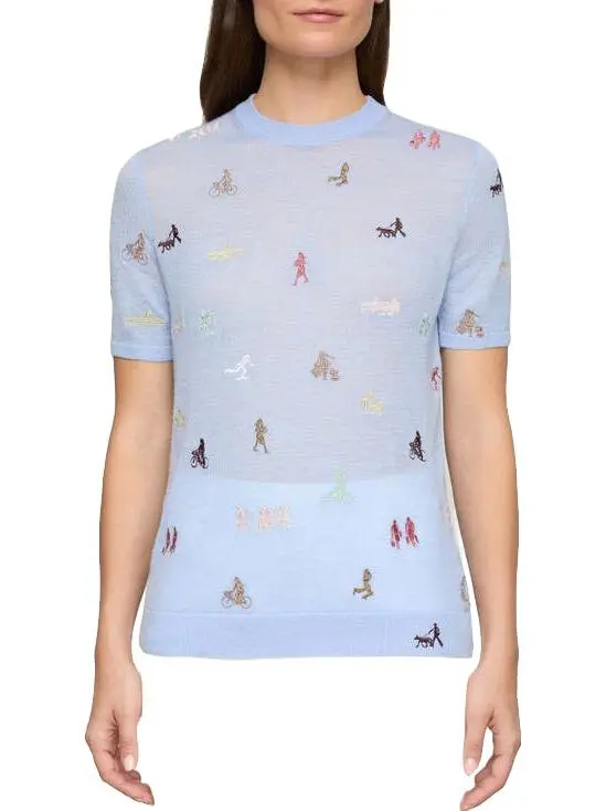 Lafayette 148 New York Embroidered Cashmere Sweater - Skyline Blue Multi