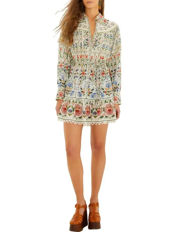 Farm Rio Stitched Garden Long Sleeve Mini Shirtdress - Off-white
