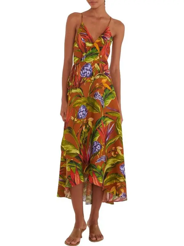 Farm Rio Floral Linen Wrap Dress - Brown