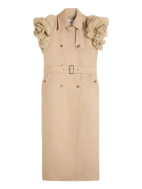 Max Mara Sleeveless Linen Duster Coat With Ruffles - Camel