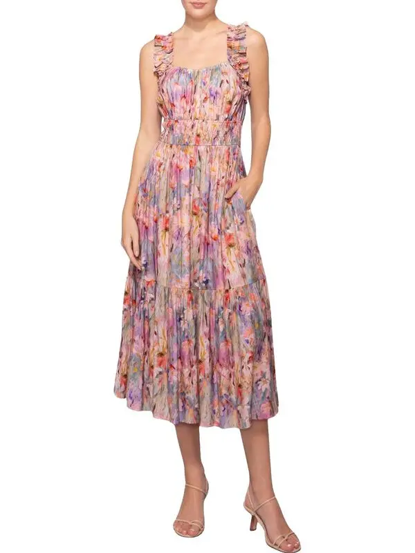 MELLODAY Floral Ruched Tiered Dress - Abstract Multi