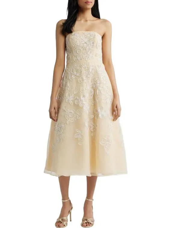 Adrianna Papell Soutache Embroidery Strapless Organza Cocktail Midi Dress - Maize