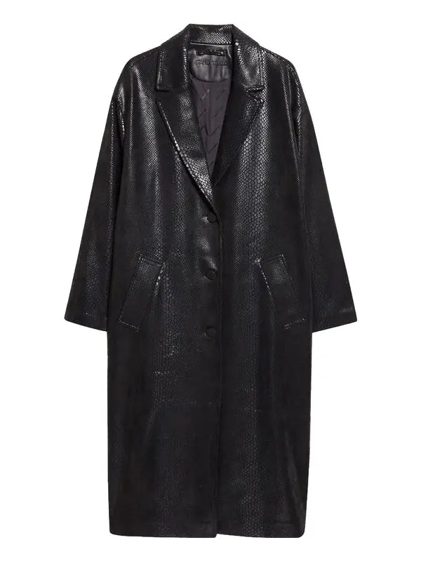STAND STUDIO Oceana Reptile Embossed Faux Leather Overcoat - Black