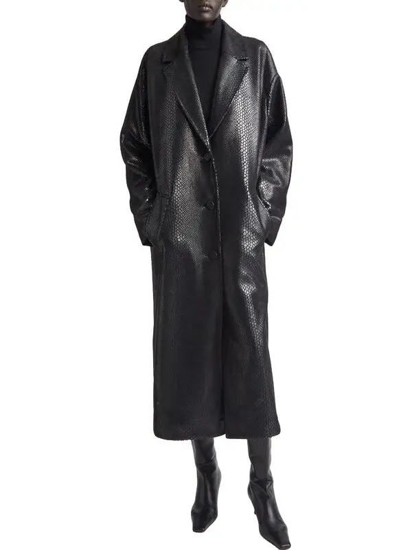 STAND STUDIO Oceana Reptile Embossed Faux Leather Overcoat - Black