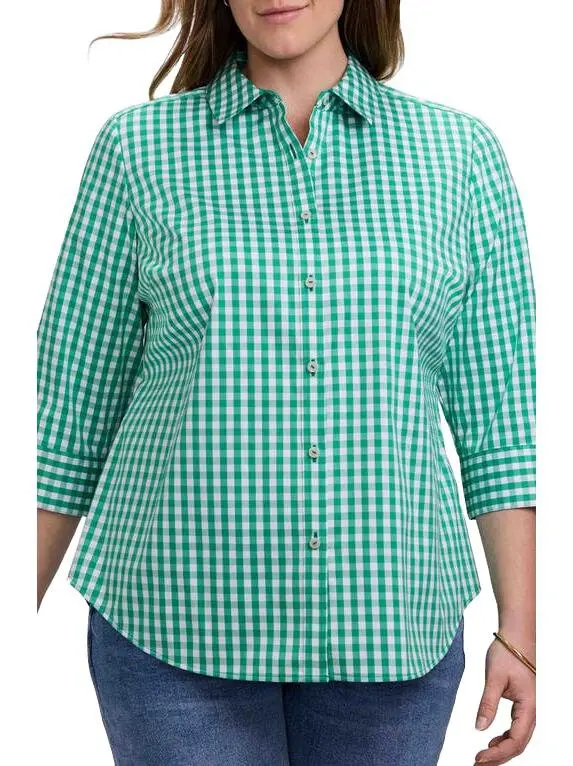 Foxcroft Margie Gingham Three-quarter Sleeve Button-up Shirt - Kelly Green/white