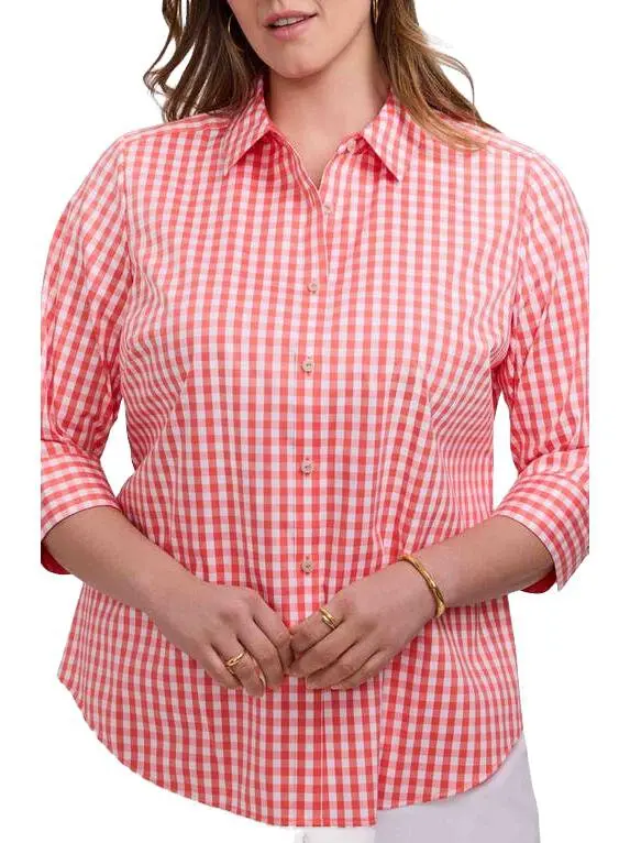 Foxcroft Margie Gingham Three-quarter Sleeve Button-up Shirt - Peachy Orange/white