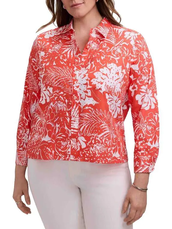 Foxcroft Floral Print Crop Shirt - Peachy Orange/white