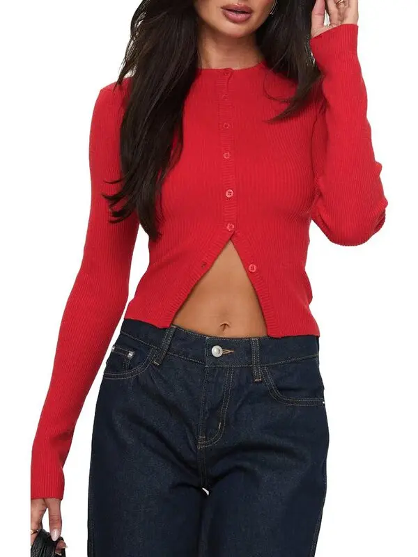 Princess Polly Suzu Ribbed Cropped Cardigan - Red