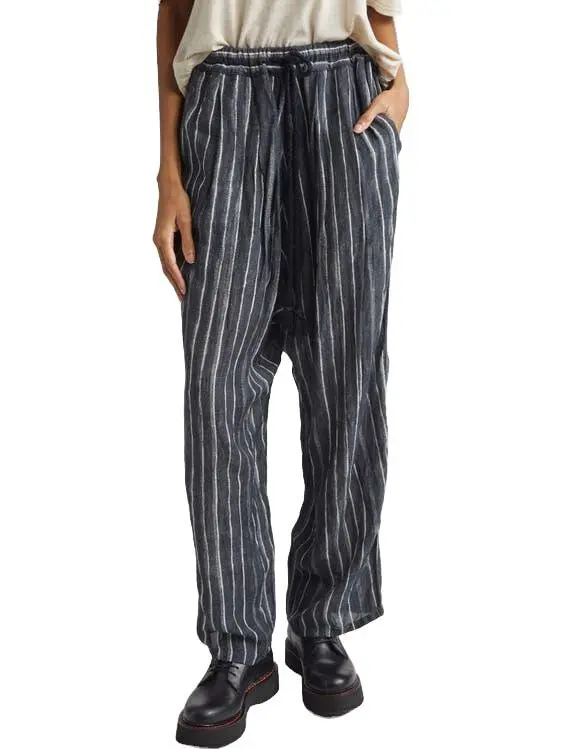 R13 Relaxed Pleated Stripe Drawstring Waist Pants - Dark Grey Wide Stripe
