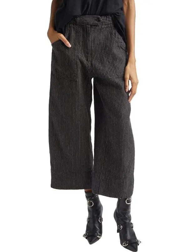 R13 Relaxed Pinstripe Linen & Virgin Wool Crop Work Pants - Brown Stripe