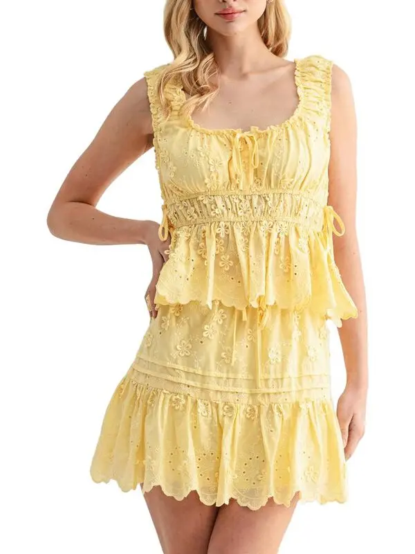 ALL IN FAVOR Side Tie Embroidered Cotton Eyelet Top - Lemon