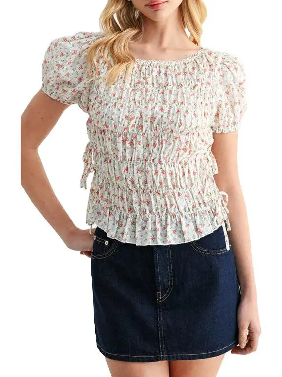ALL IN FAVOR Floral Smocked Puff Sleeve Top - Off White Red