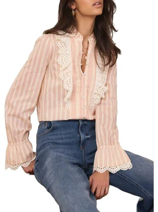 Mint Velvet Striped Broderie Trim Blouse - Light Pink